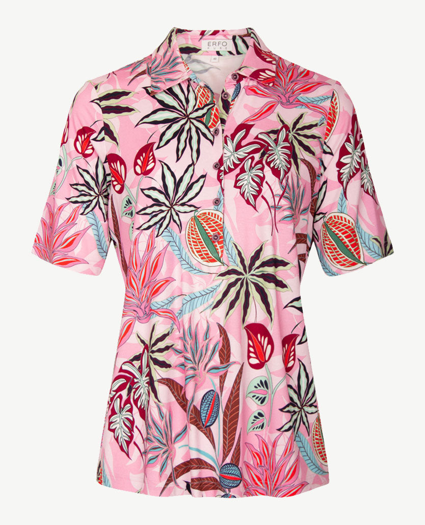 Erfo - Polo - Jersey - Bloemdessin met rose en groen, azuur en navy ...